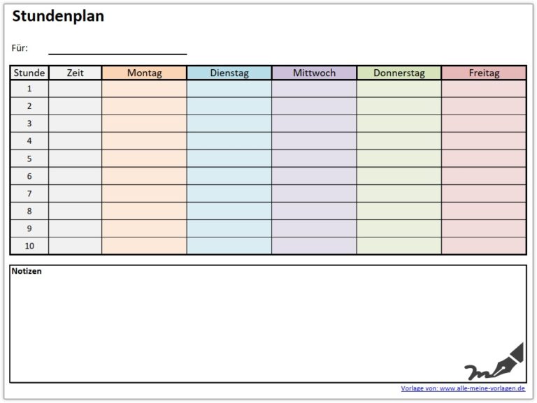 Stundenplan Vorlage 10 Stunden
