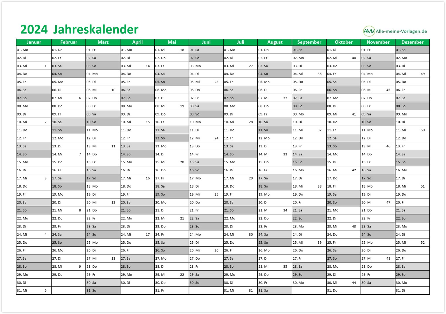 Jahreskalender 2024 Als Excel Vorlage Alle meine Vorlagen de