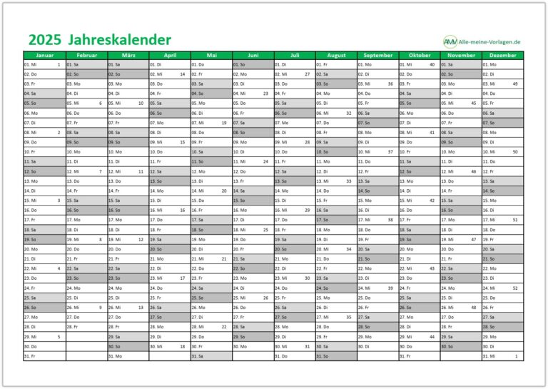 Kalender 2025 als Excel Vorlage und PDF - Alle-meine-Vorlagen.de