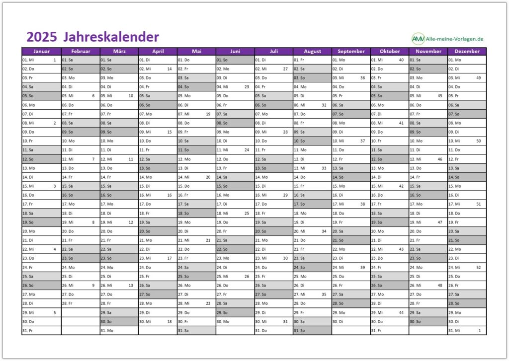 Kalender 2025 als Excel Vorlage und PDF - Alle-meine-Vorlagen.de