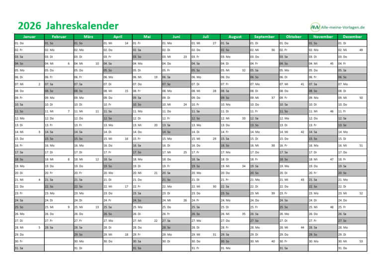Kalender 2026 als Excel Vorlage und PDF - Alle-meine-Vorlagen.de