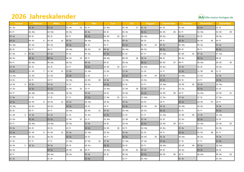 Kalender 2026 als Excel Vorlage und PDF - Alle-meine-Vorlagen.de