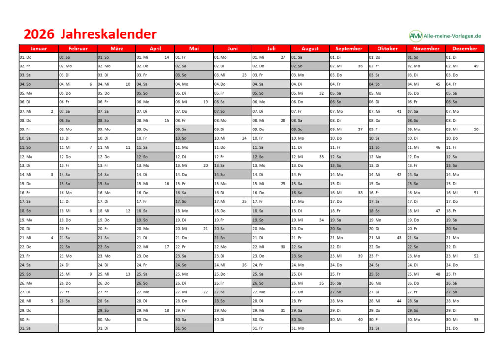Kalender 2026 als Excel Vorlage und PDF - Alle-meine-Vorlagen.de