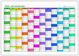 Kalender 2026 als Excel Vorlage und PDF - Alle-meine-Vorlagen.de