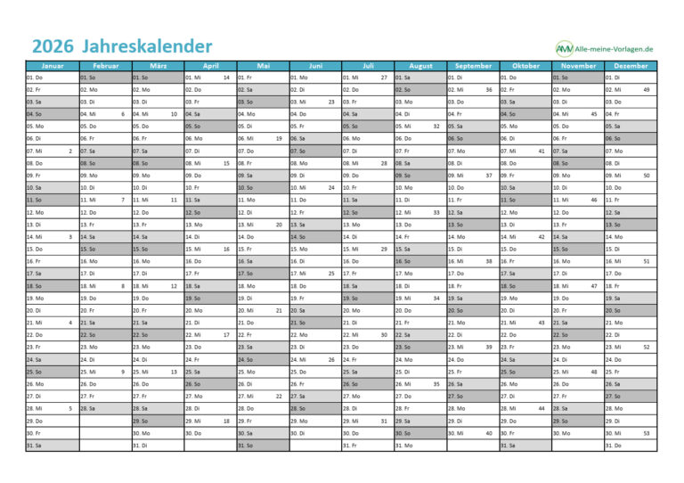 Kalender 2026 als Excel Vorlage und PDF - Alle-meine-Vorlagen.de